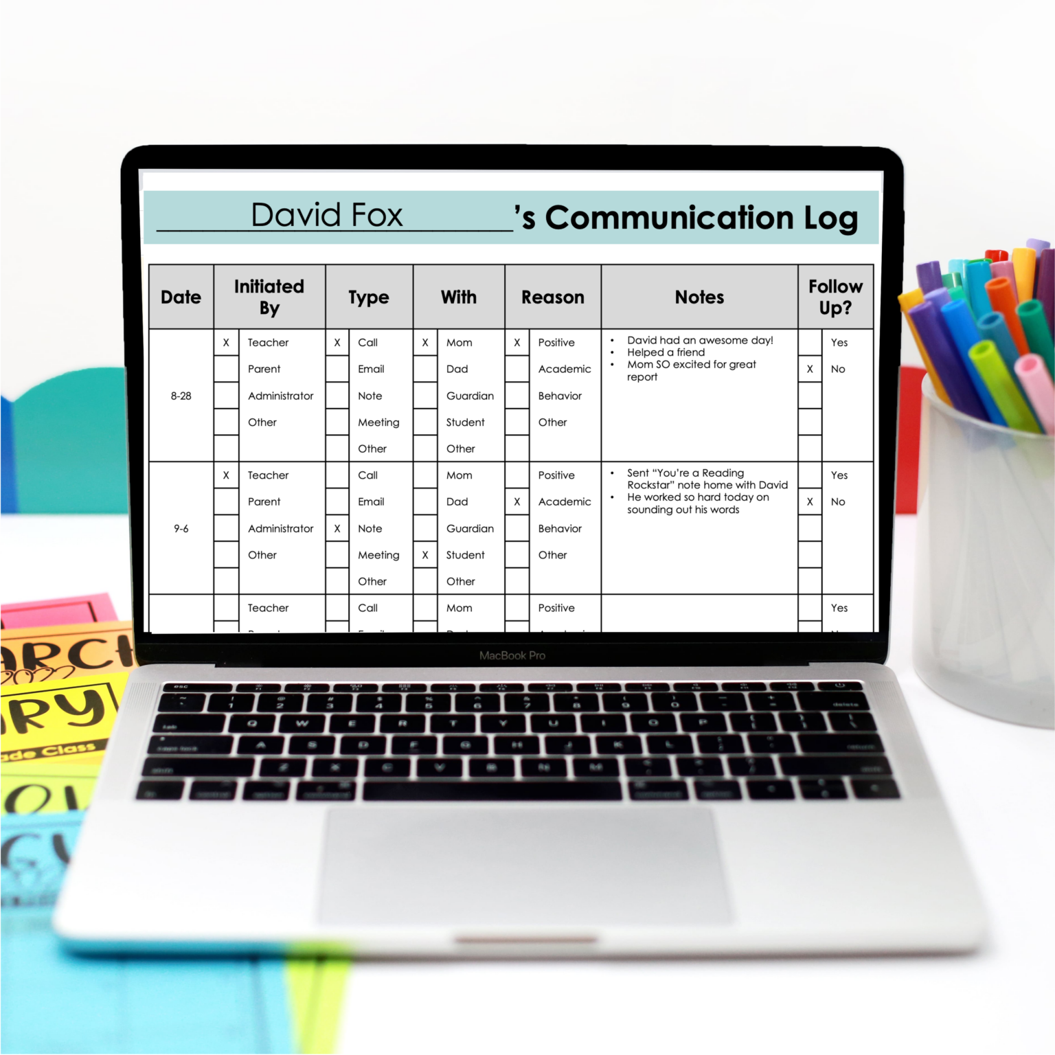 Parent Call Log Template for Teachers: Foxwell Forest